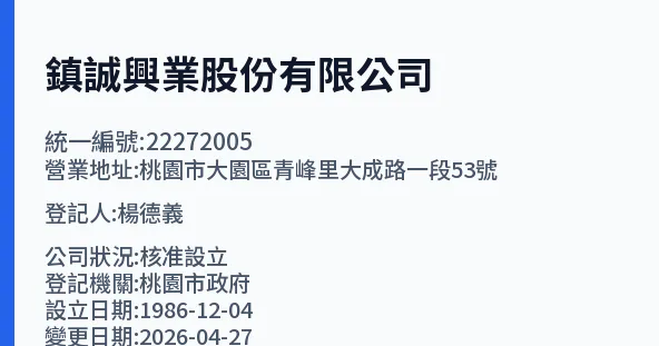 鎮誠興業股份有限公司的照片-統編 22272005(桃園市) 公司登記資料與營業項目詳細圖表