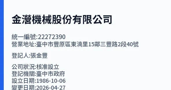 金瀯機械股份有限公司的照片-統編 22272390(臺中市) 公司登記資料與營業項目詳細圖表