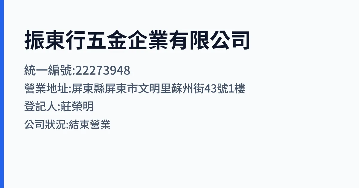 振東行五金企業有限公司 - 統編 22273948(屏東縣) 公司登記資料與營業項目詳細圖表
