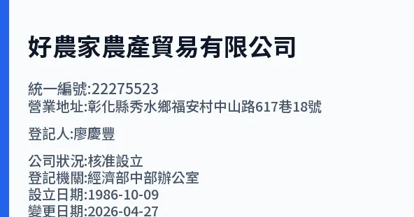 好農家農產貿易有限公司的照片-統編 22275523(彰化縣) 公司登記資料與營業項目詳細圖表