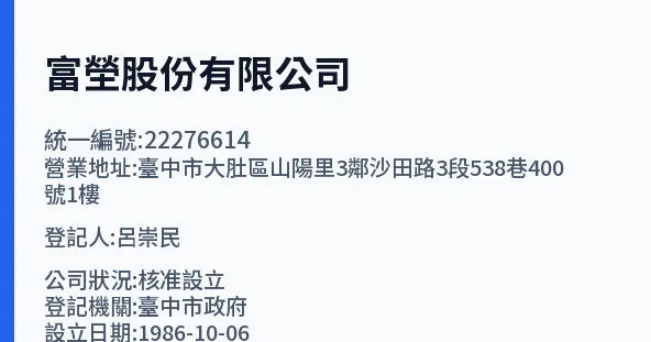 富塋股份有限公司的照片-統編 22276614(臺中市) 公司登記資料與營業項目詳細圖表