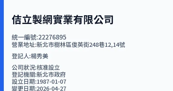 佶立製網實業有限公司的照片-統編 22276895(新北市) 公司登記資料與營業項目詳細圖表