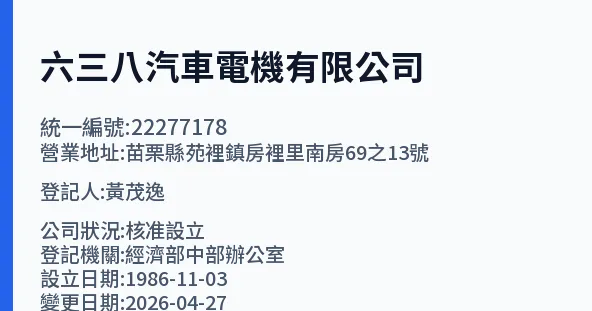 六三八汽車電機有限公司的照片-統編 22277178(苗栗縣) 公司登記資料與營業項目詳細圖表