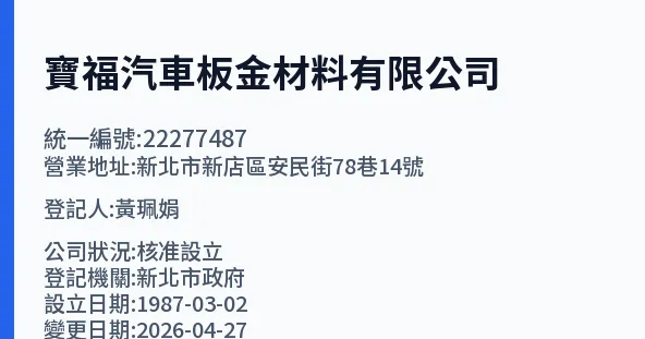 寶福汽車板金材料有限公司的照片-統編 22277487(新北市) 公司登記資料與營業項目詳細圖表