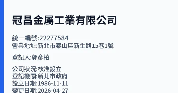 冠昌金屬工業有限公司的照片-統編 22277584(新北市) 公司登記資料與營業項目詳細圖表