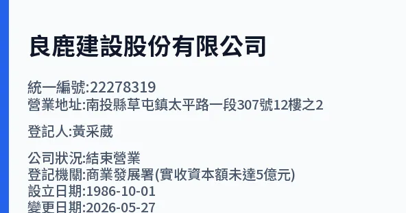 良鹿建設股份有限公司的照片-統編 22278319(南投縣) 公司登記資料與營業項目詳細圖表