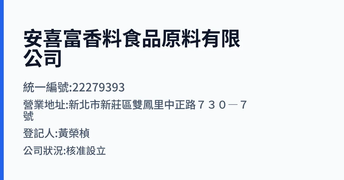 安喜富香料食品原料有限公司 - 統編 22279393(新北市) 公司登記資料與營業項目詳細圖表