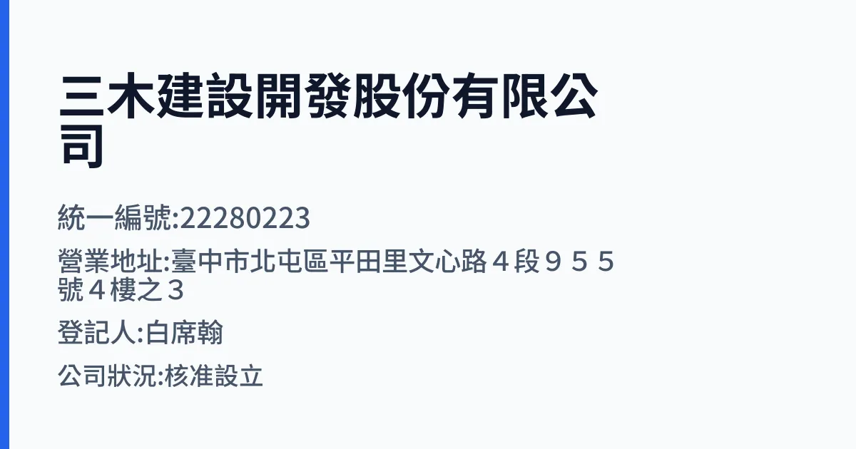 三木建設開發股份有限公司 - 統編 22280223(臺中市) 公司登記資料與營業項目詳細圖表