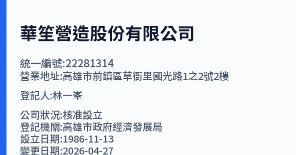 華笙營造股份有限公司的照片-統編 22281314(高雄市) 公司登記資料與營業項目詳細圖表