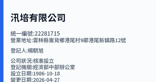 汛培有限公司的照片-統編 22281715(雲林縣) 公司登記資料與營業項目詳細圖表