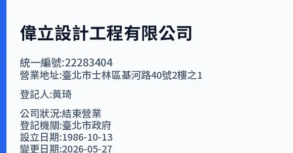 偉立設計工程有限公司的照片-統編 22283404(臺北市) 公司登記資料與營業項目詳細圖表