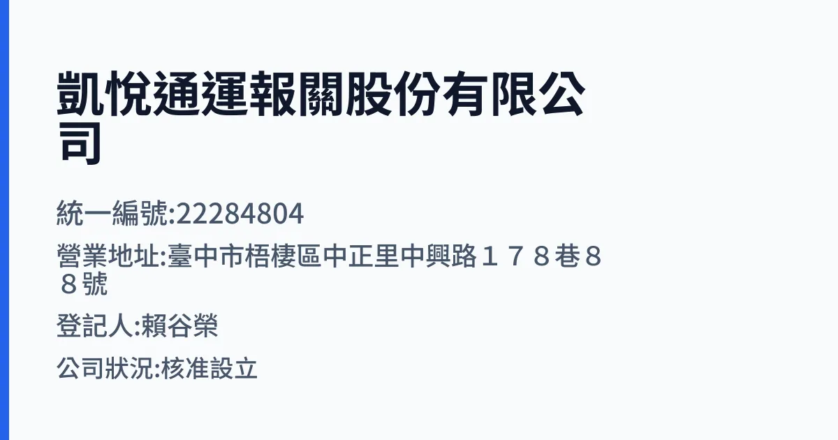 凱悅通運報關股份有限公司 - 統編 22284804(臺中市) 公司登記資料與營業項目詳細圖表
