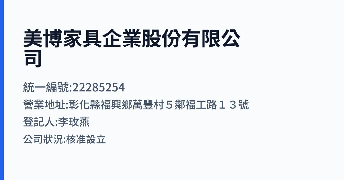 美博家具企業股份有限公司 - 統編 22285254(彰化縣) 公司登記資料與營業項目詳細圖表