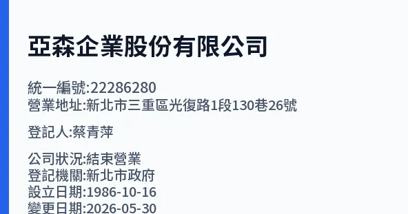 亞森企業股份有限公司的照片-統編 22286280(新北市) 公司登記資料與營業項目詳細圖表