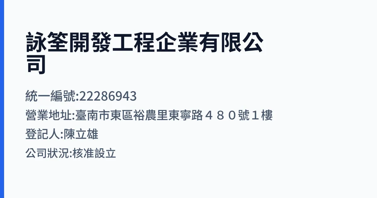 詠筌開發工程企業有限公司 - 統編 22286943(臺南市) 公司登記資料與營業項目詳細圖表