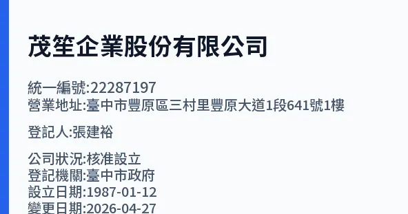茂笙企業股份有限公司的照片-統編 22287197(臺中市) 公司登記資料與營業項目詳細圖表