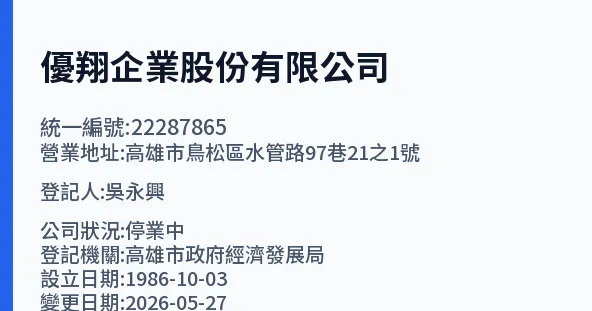 優翔企業股份有限公司的照片-統編 22287865(高雄市) 公司登記資料與營業項目詳細圖表