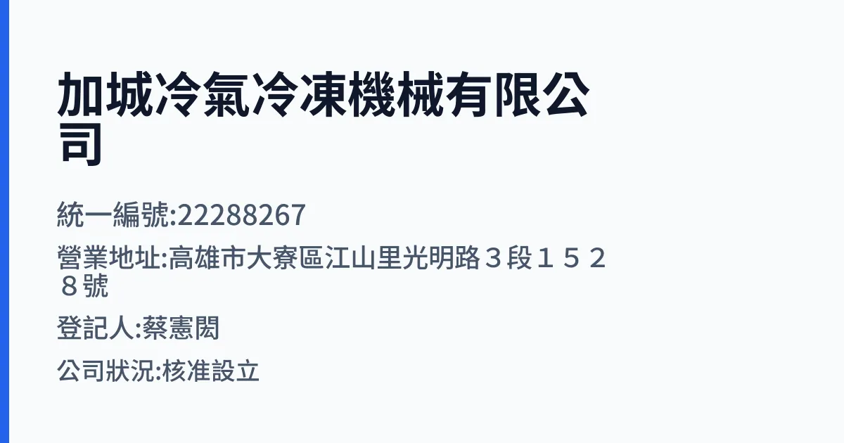 加城冷氣冷凍機械有限公司 - 統編 22288267(高雄市) 公司登記資料與營業項目詳細圖表