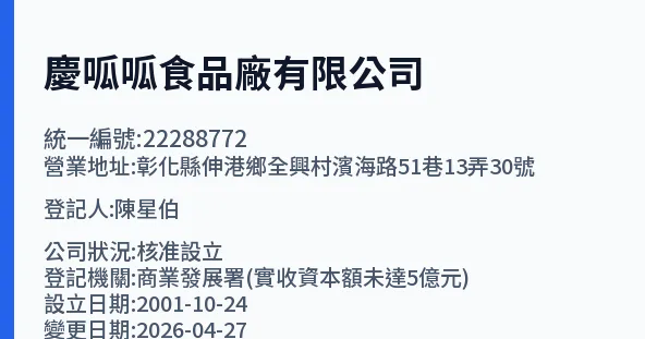 慶呱呱食品廠有限公司的照片-統編 22288772(彰化縣) 公司登記資料與營業項目詳細圖表