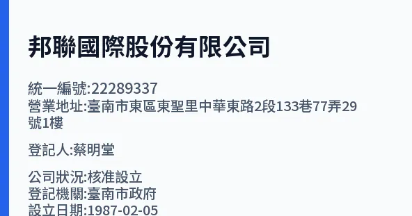 邦聯國際股份有限公司的照片-統編 22289337(臺南市) 公司登記資料與營業項目詳細圖表