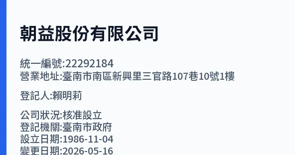 朝益股份有限公司的照片-統編 22292184(臺南市) 公司登記資料與營業項目詳細圖表