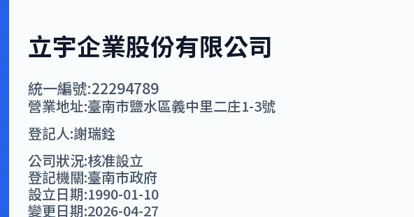 立宇企業股份有限公司的照片-統編 22294789(臺南市) 公司登記資料與營業項目詳細圖表