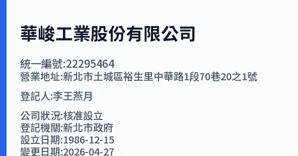 華峻工業股份有限公司的照片-統編 22295464(新北市) 公司登記資料與營業項目詳細圖表
