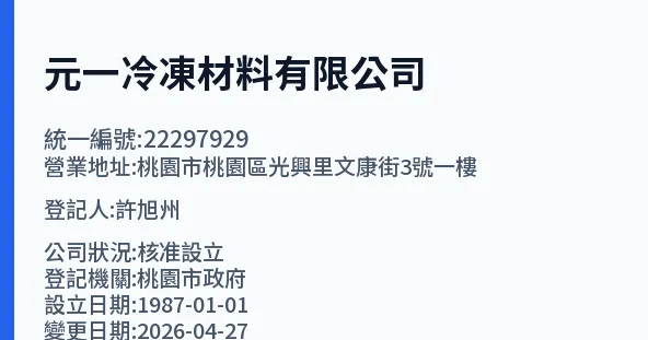 元一冷凍材料有限公司的照片-統編 22297929(桃園市) 公司登記資料與營業項目詳細圖表