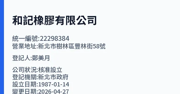 和記橡膠有限公司的照片-統編 22298384(新北市) 公司登記資料與營業項目詳細圖表