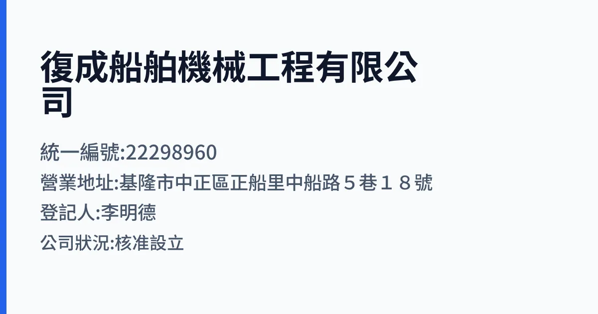 復成船舶機械工程有限公司 - 統編 22298960（基隆市） 公司登記資料與營業項目詳細圖表