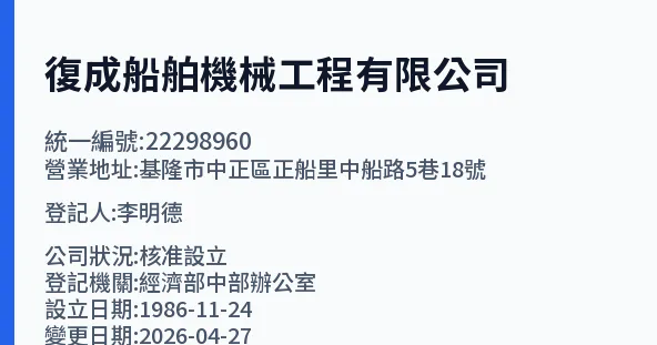 復成船舶機械工程有限公司的照片-統編 22298960(基隆市) 公司登記資料與營業項目詳細圖表