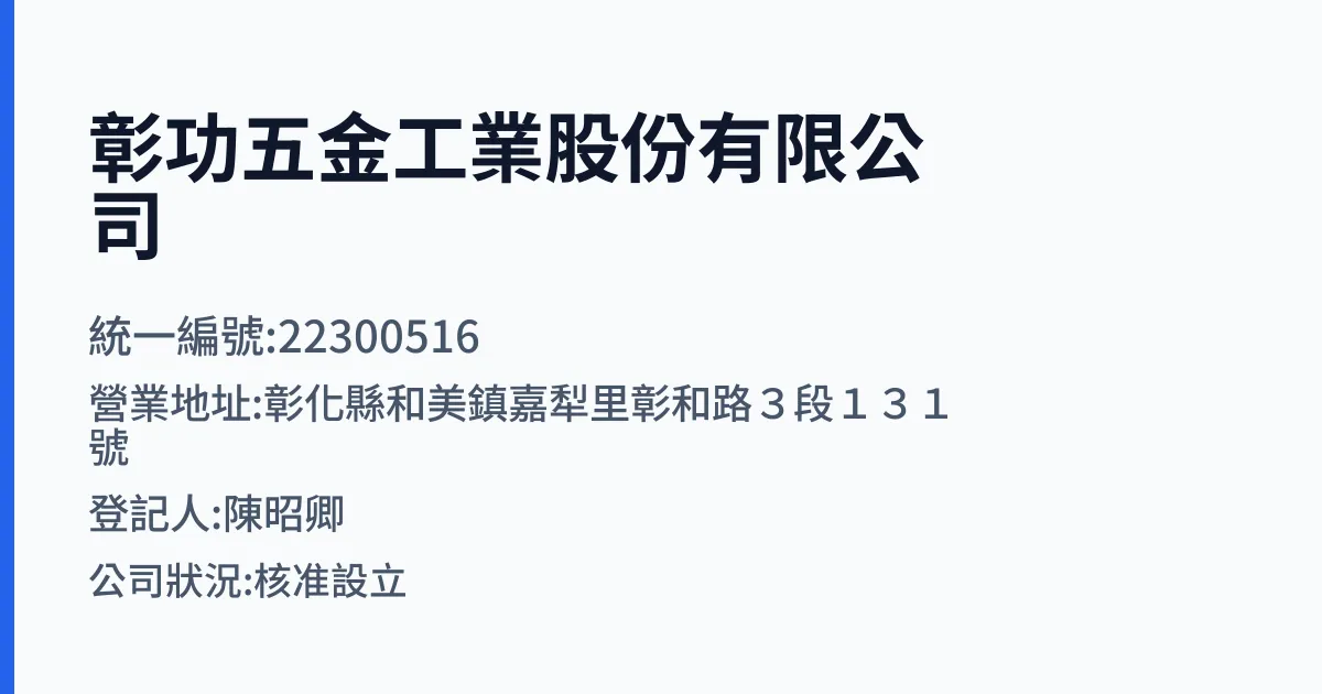 彰功五金工業股份有限公司 - 統編 22300516(彰化縣) 公司登記資料與營業項目詳細圖表