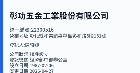 彰功五金工業股份有限公司的照片-統編 22300516(彰化縣) 公司登記資料與營業項目詳細圖表