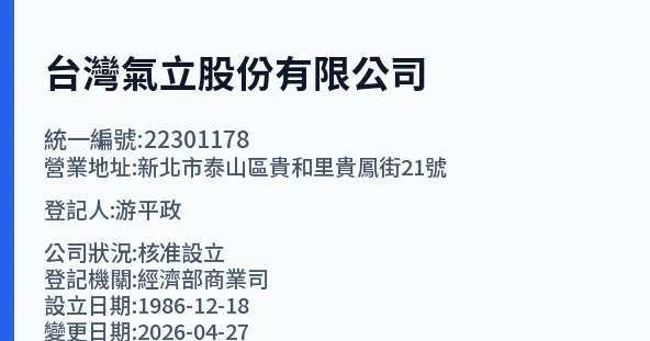 台灣氣立股份有限公司的照片-統編 22301178(新北市) 公司登記資料與營業項目詳細圖表