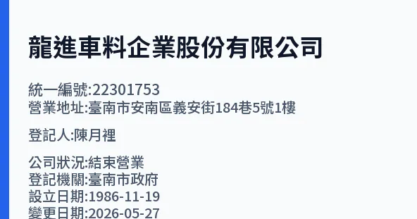 龍進車料企業股份有限公司的照片-統編 22301753(臺南市) 公司登記資料與營業項目詳細圖表
