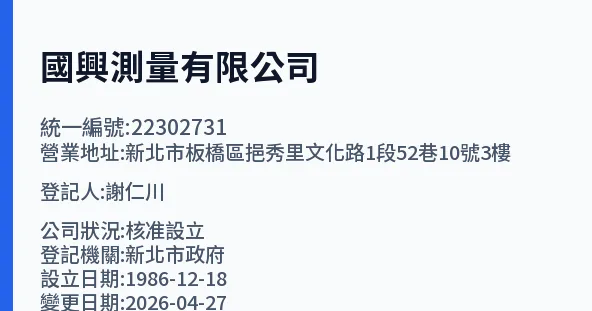 國興測量有限公司的照片-統編 22302731(新北市) 公司登記資料與營業項目詳細圖表