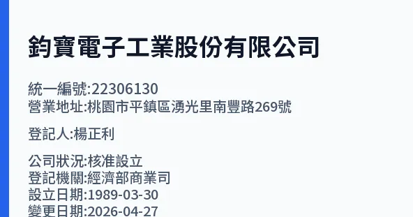 鈞寶電子工業股份有限公司的照片-統編 22306130(桃園市) 公司登記資料與營業項目詳細圖表