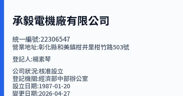 承毅電機廠有限公司的照片-統編 22306547(彰化縣) 公司登記資料與營業項目詳細圖表