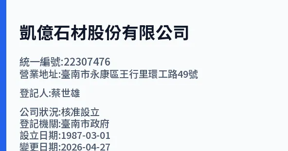 凱億石材股份有限公司的照片-統編 22307476(臺南市) 公司登記資料與營業項目詳細圖表
