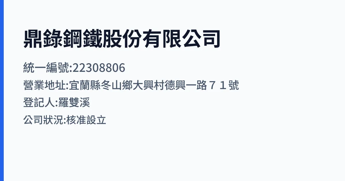 鼎錄鋼鐵股份有限公司 - 統編 22308806（宜蘭縣） 公司登記資料與營業項目詳細圖表
