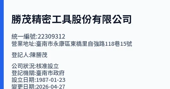 勝茂精密工具股份有限公司的照片-統編 22309312(臺南市) 公司登記資料與營業項目詳細圖表