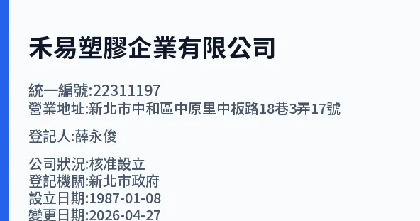 禾易塑膠企業有限公司的照片-統編 22311197(新北市) 公司登記資料與營業項目詳細圖表