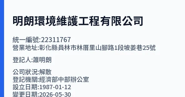 明朗環境維護工程有限公司的照片-統編 22311767(彰化縣) 公司登記資料與營業項目詳細圖表