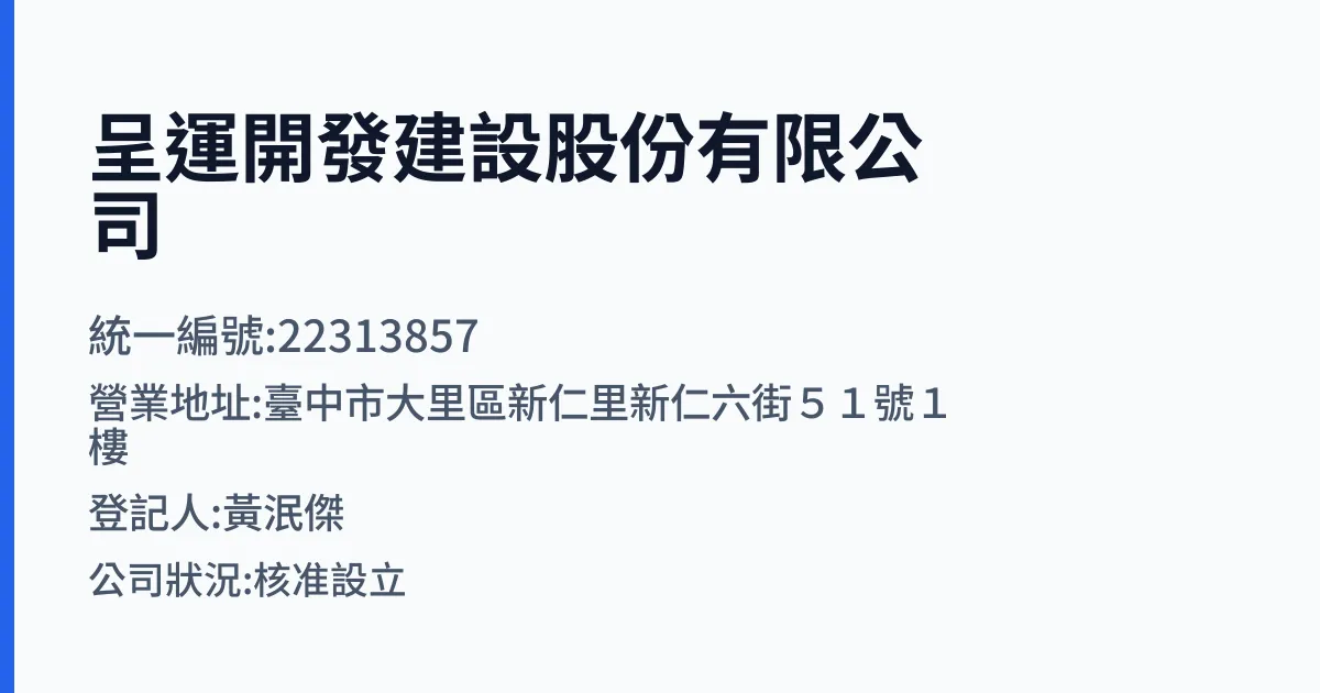 呈運開發建設股份有限公司 - 統編 22313857(臺中市) 公司登記資料與營業項目詳細圖表
