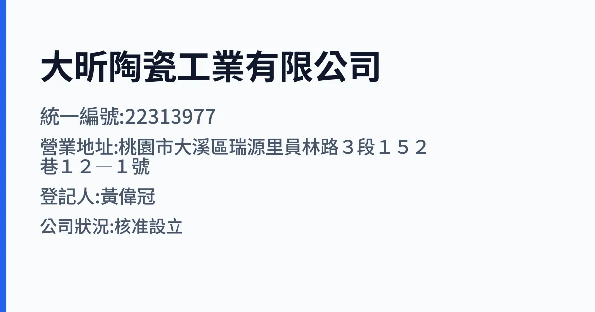 大昕陶瓷工業有限公司 - 統編 22313977(桃園市) 公司登記資料與營業項目詳細圖表