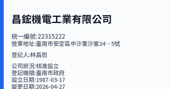 昌鋐機電工業有限公司的照片-統編 22315222(臺南市) 公司登記資料與營業項目詳細圖表