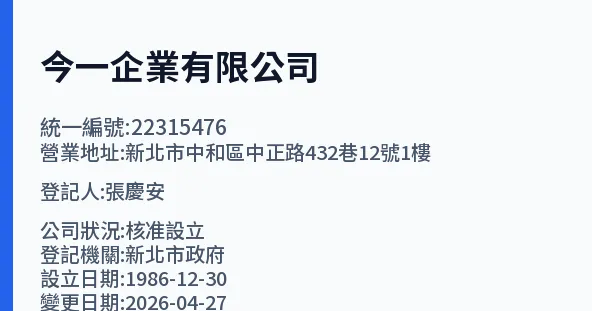 今一企業有限公司的照片-統編 22315476(新北市) 公司登記資料與營業項目詳細圖表