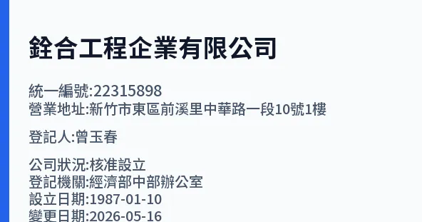 銓合工程企業有限公司的照片-統編 22315898(新竹市) 公司登記資料與營業項目詳細圖表
