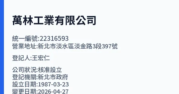 萬林工業有限公司的照片-統編 22316593(新北市) 公司登記資料與營業項目詳細圖表