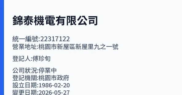 錦泰機電有限公司的照片-統編 22317122(桃園市) 公司登記資料與營業項目詳細圖表